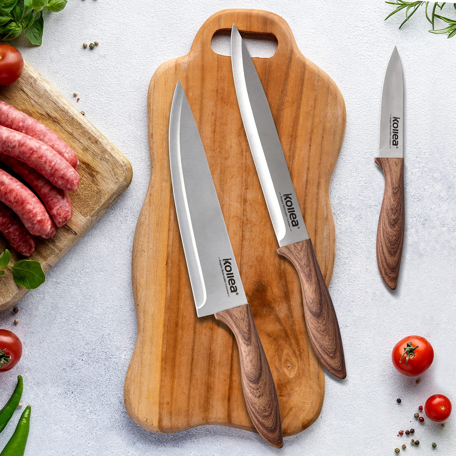 Kollea Kitchen Knife Set, 8 Pieces Stainless Steel Knives, Kitchen Steak Bread Knives Set with Acrylic Stand Knife Sharpener Kitchen Shear, Brown