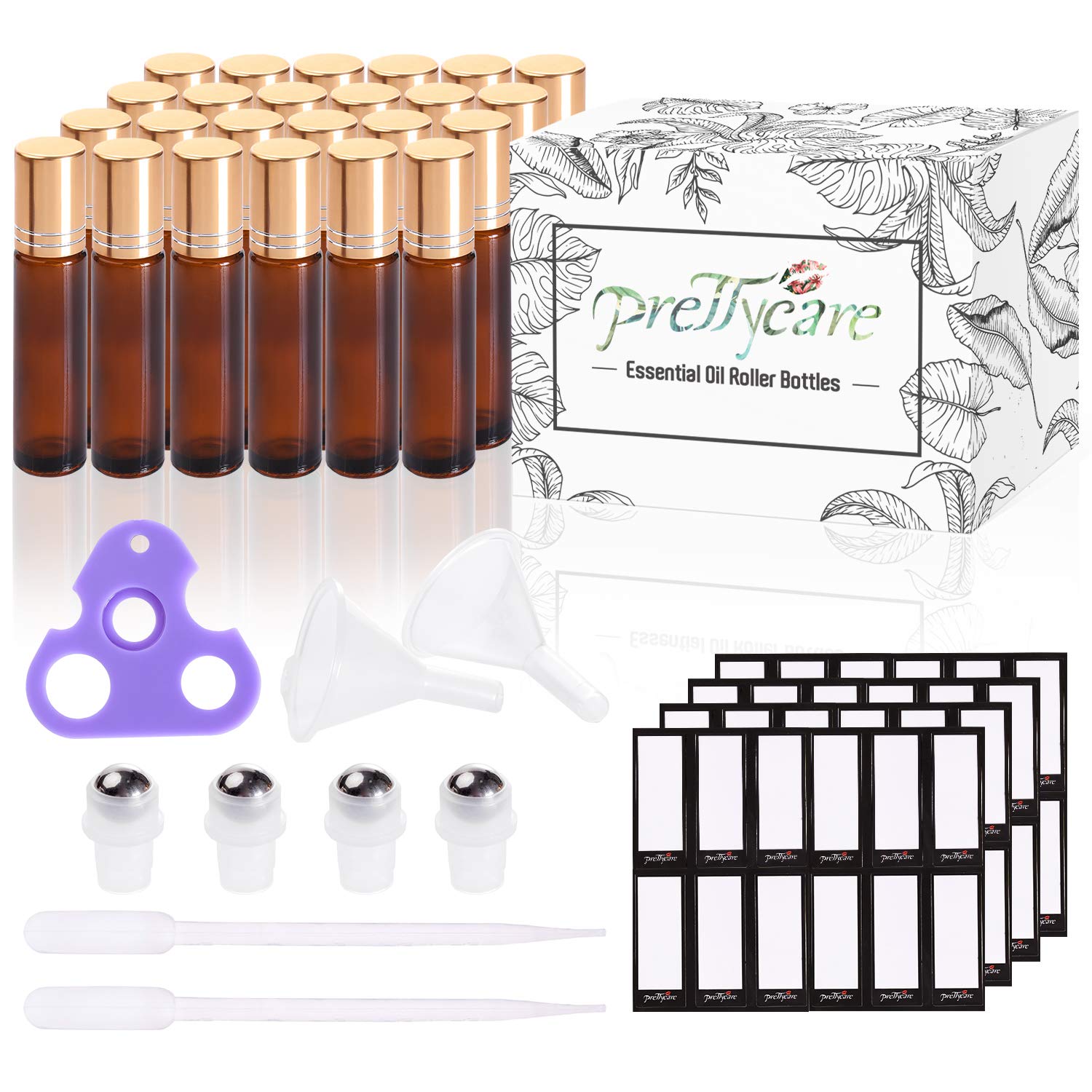 PrettyCare Roller bottles for oils 10ml (Amber Glass, 24 pack, 4 Extra Stainless Steel Balls, 48 Labels, Openers, 2 Funnels, 2 Droppers Roller Balls For Essential Oil Roller Bottles