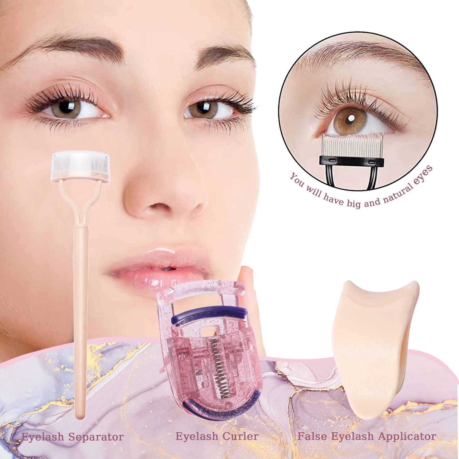 3 in 1 Eyelash Application Tool Kit,Eyelash Comb Eyelashes Separator Curler Portable Curler and False Eyelash Applicator Tool Tweezers Eyelashes Buddy Kit (3 Pcs, Pink)