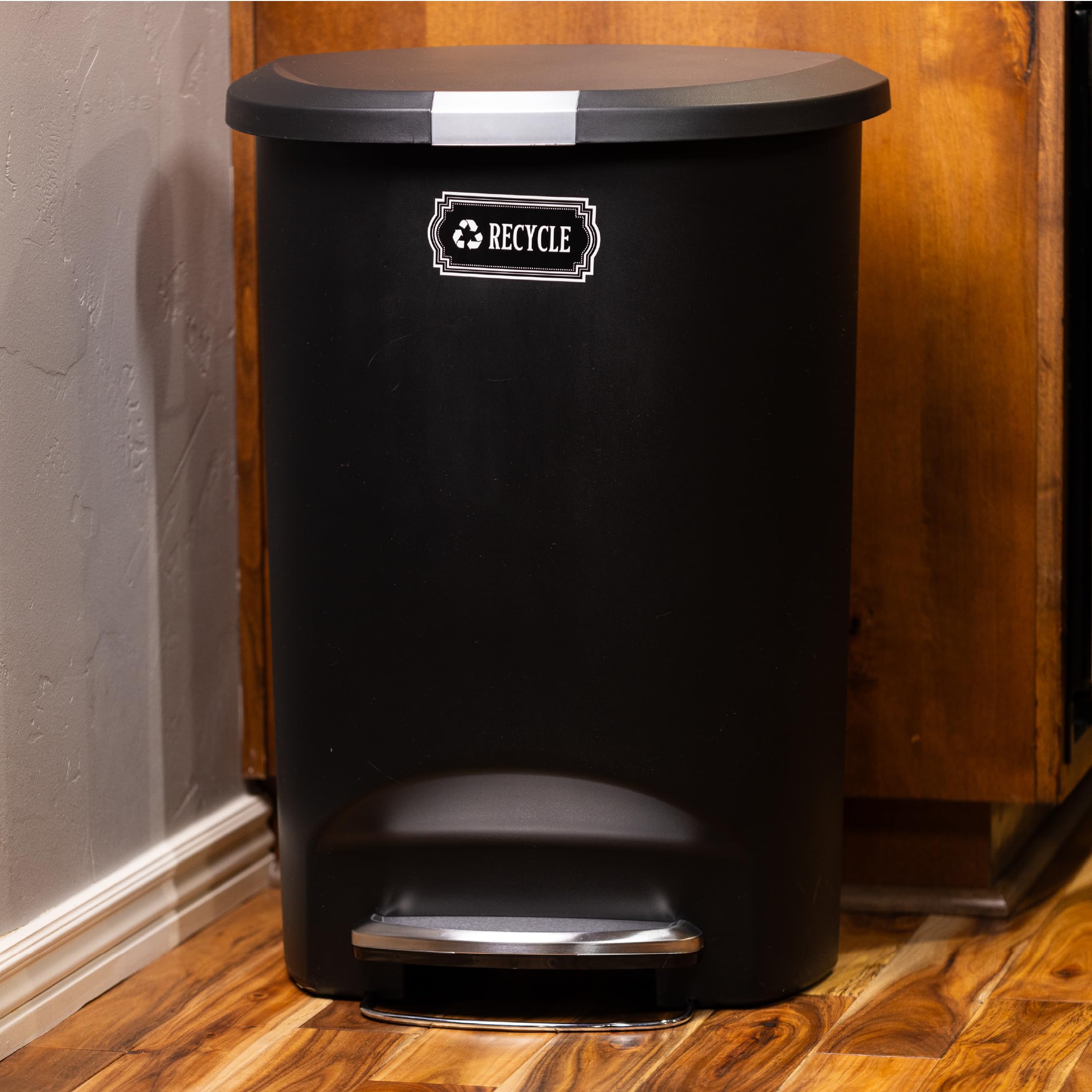 Recycle and Trash Stickers for Trash Cans - Black Premium Vinyl Recycling Bin Labels β 4 Pack - 4.75" by 2.25" Decals Logo - Waste Signs for Home Kitchen or Office Bins Indoor/Outdoor Use