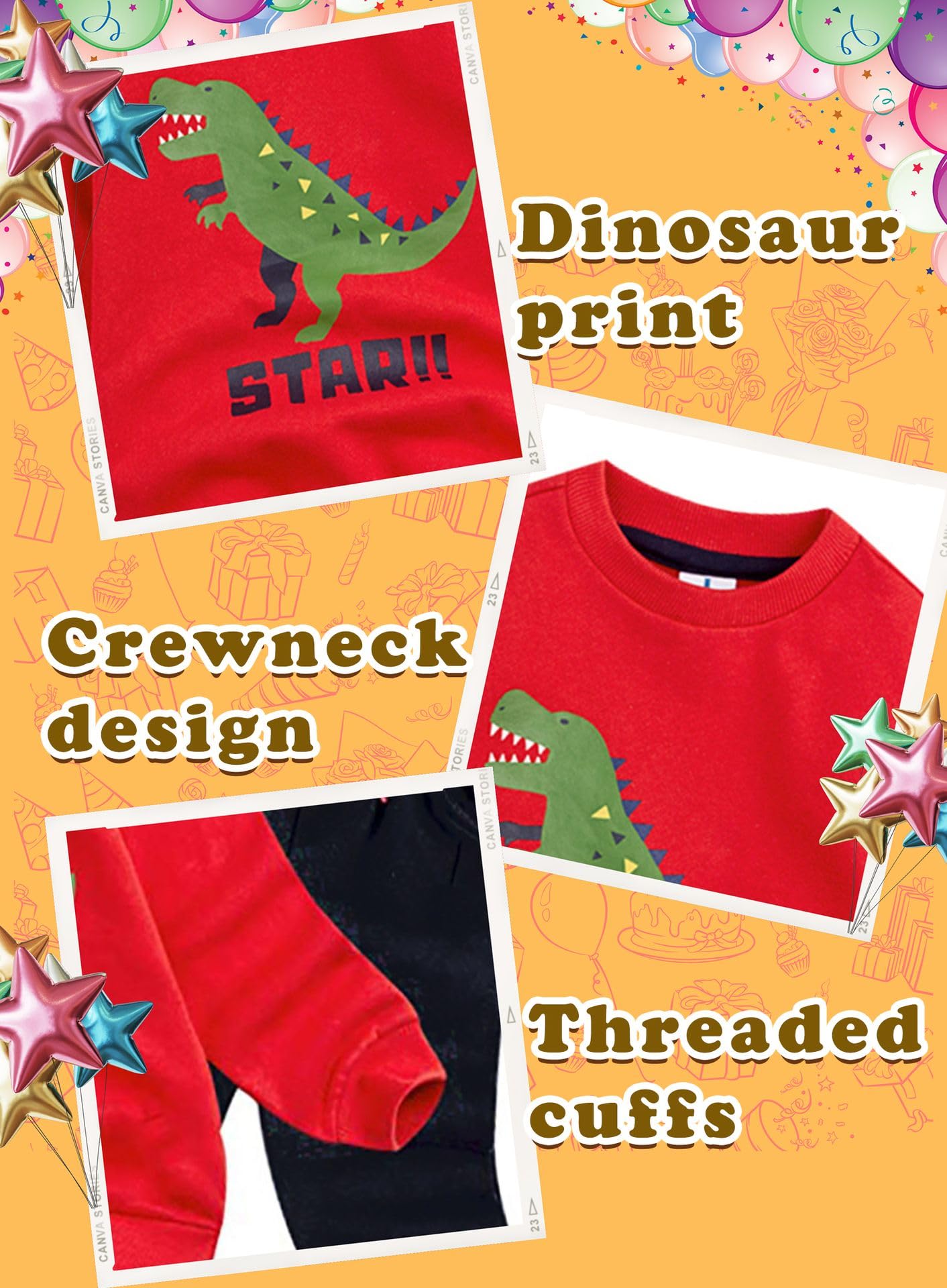 BOMDEALS Cute Valentines Sweatsuit for Toddler Boys - Kids Cartoon Pentacle Dinosaur Printed Long Sleeve Top Pants Outfits(311,Red,100)