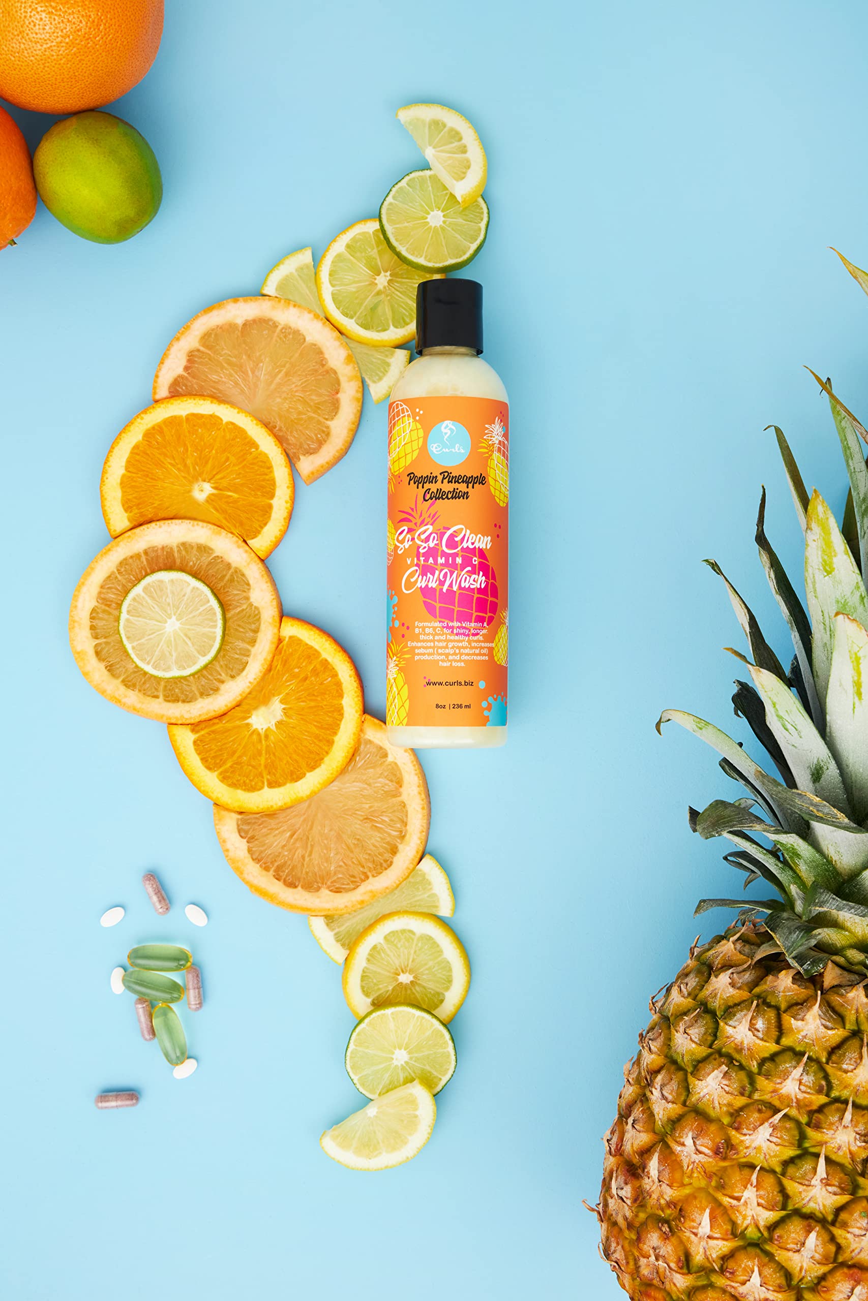Curls Poppin Pineapple So So Clean Vitamin C Wash - Rejuvenating, Hydrating, and Cleansing - Hair and Scalp Shampoo - For Wavy, Curly, and Coily Hair Types, 8 Ounces