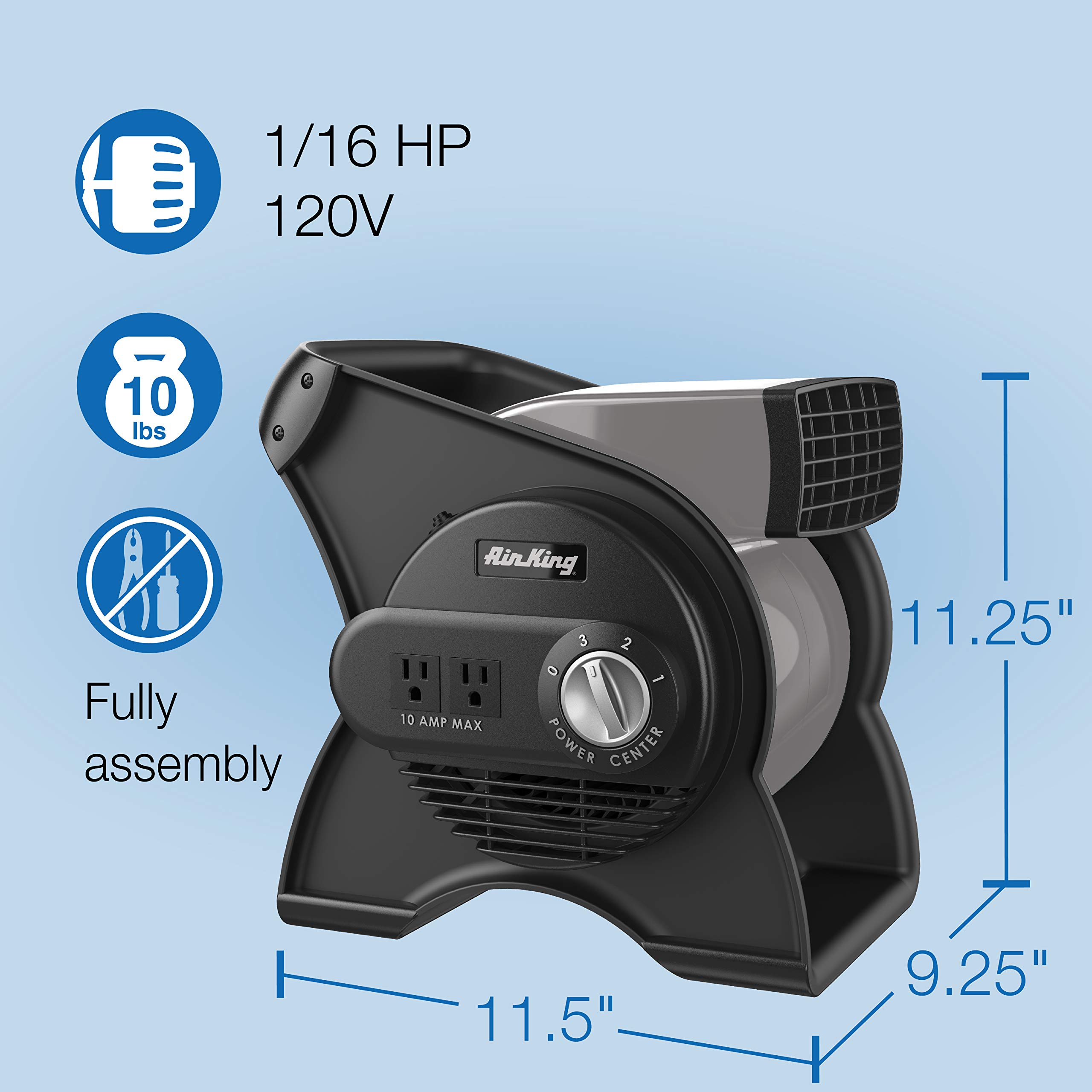 Air King Commercial Grade Pivoting Utility Fan, for Cooling, Ventilating, Exhausting and Drying at Home, Job Site, Work Shop, Construction, 3 Speeds, 11.25", Black, 9550