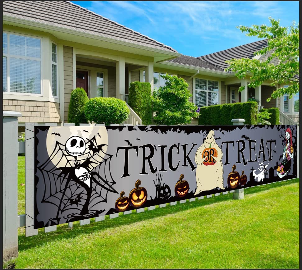 Jack Skellington Halloween Decorations Outdoor Yard Sign Trick or Treat Hanging Banner Halloween Nightmore Before Halloween Backdrop Home Wall Decor for Halloween Holiday Party Supplies Indoor Outdoor