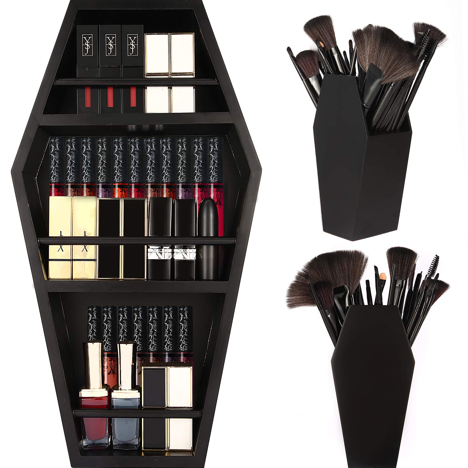 nanayo Makeup Coffin Shelf And Brush Holder – 3 Shelf Makeup Holder for Gothic Decor – Free Standing or Wall Hanging Organizer Spooky Coffin Decor for Bedroom or Bathroom
