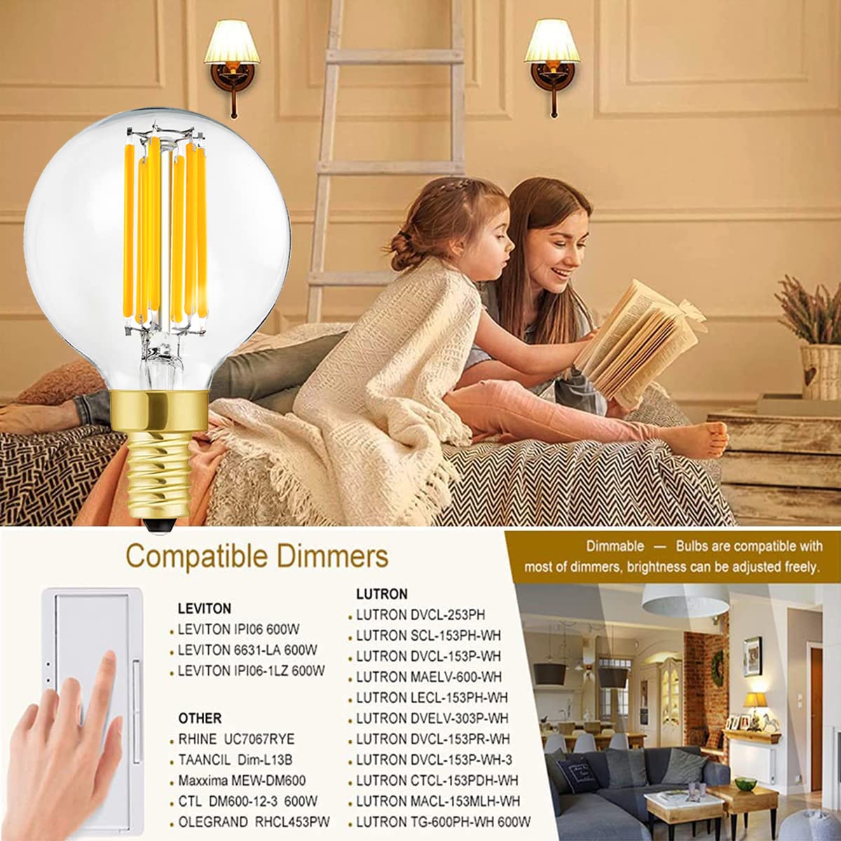 Leools e12 led Bulb dimmable g16.5 6W Equal 60 Watt 600lm AC120V e12 Candelabra Bulb for Chandeliers,Ceiling Fan,Vanity Soft White 3000K Globe e12 Light Bulb 6Pack