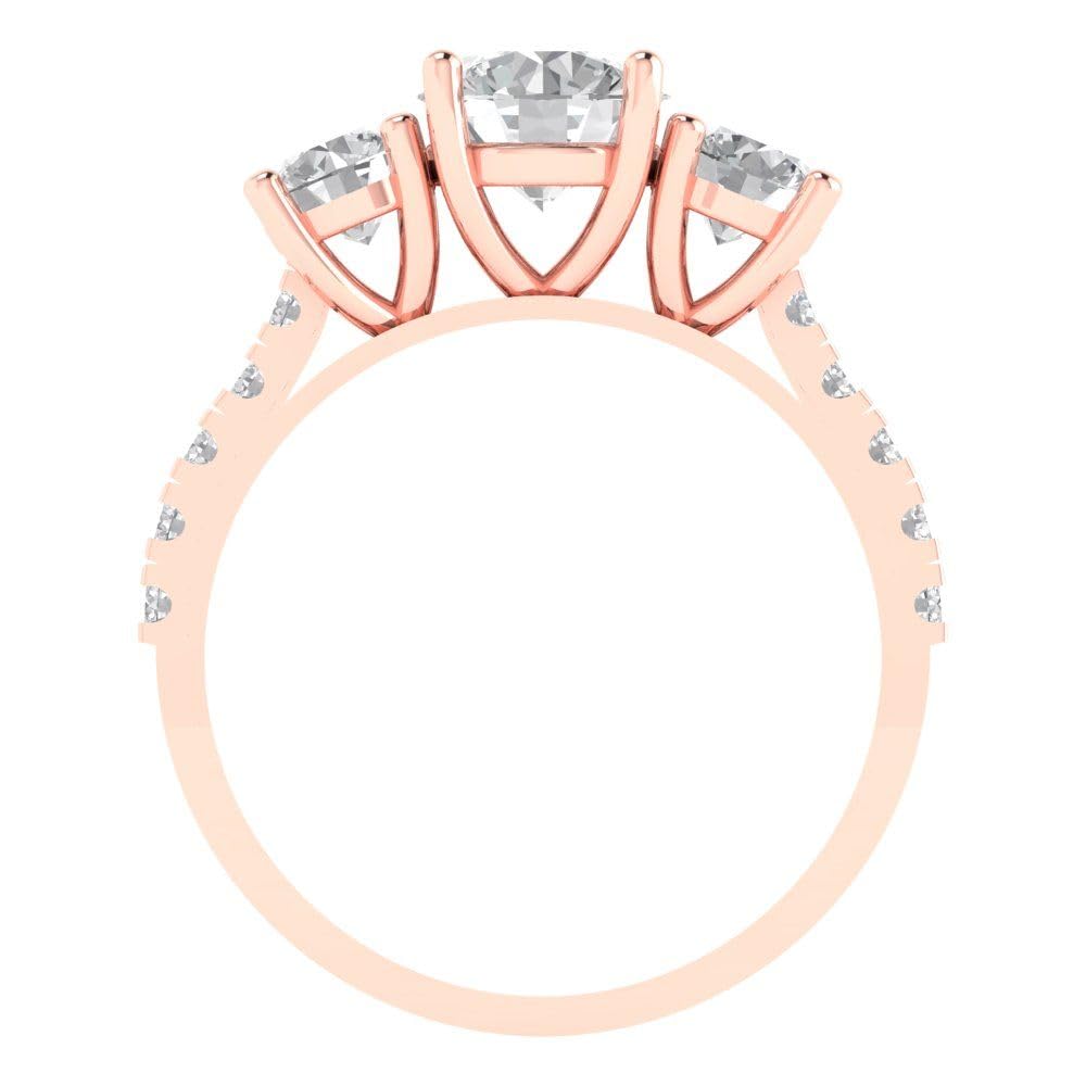 2.02 Ct Round Cut Clear Simulated Diamond 14K Rose Gold Solitaire with Accents 3 Stone Engagement Anniversary Ring Size 7