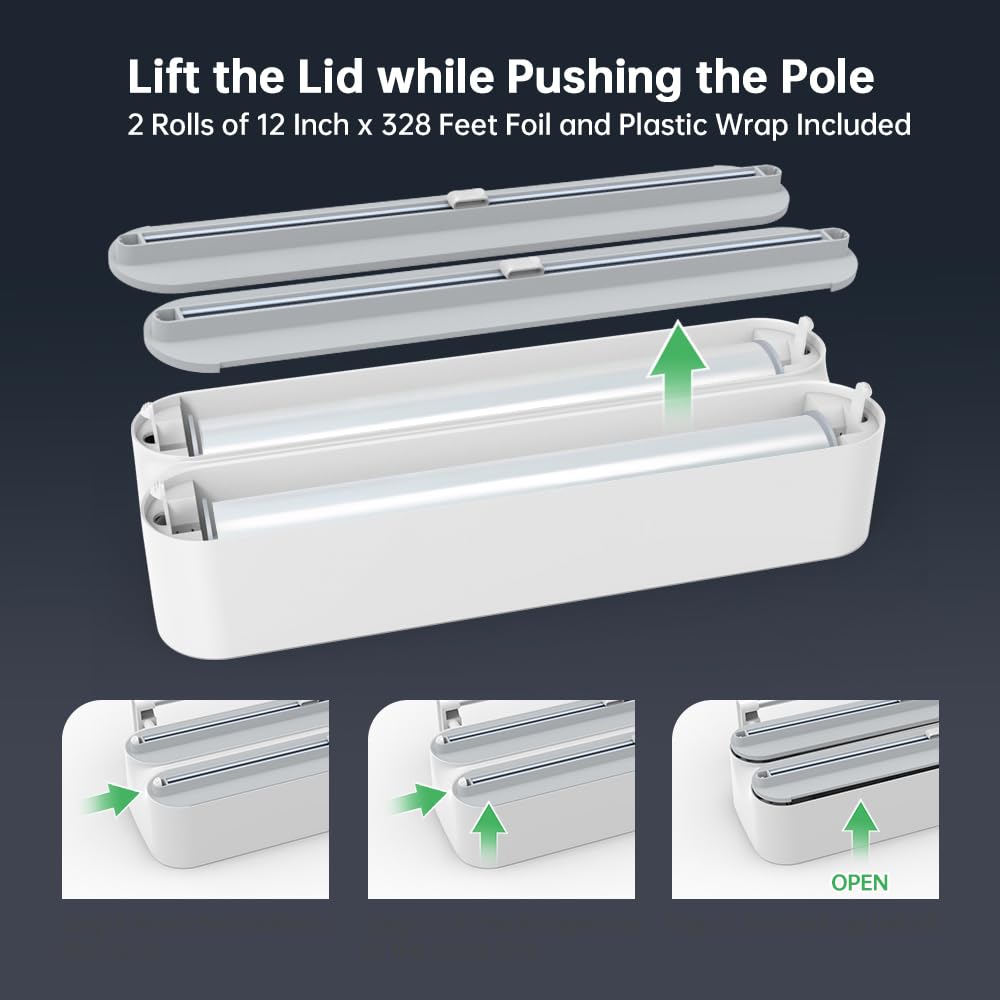 3 in 1 Wrap Organizer with Cutter Includes 2 Rolls of Plastic Wrap and Aluminum Foil Dispenser,Magnetic Paper Towel Holder for Fridge,foil and Plastic wrap Organizer,Magnetic Paper Towel Holder