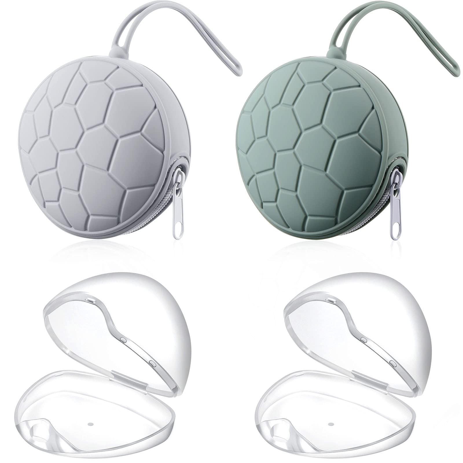 Nuanchu 4 Pieces Pacifier Holder Case Set 2 Silicone Portable Pacifier Case Cover Pouch for Diaper Bag with 2 Transparent BPA Free Pacifier Storage Container Box(Gray, Army Green)