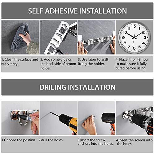 JEWJIO Broom Mop Holder Wall Mounted - Broom Storage Rack Utility Hanger 3 Racks 4 Hooks for Bathroom Home Kitchen Office Closet Garage Stainless Steel Heavy Tool Storage Rack (15 Inch)