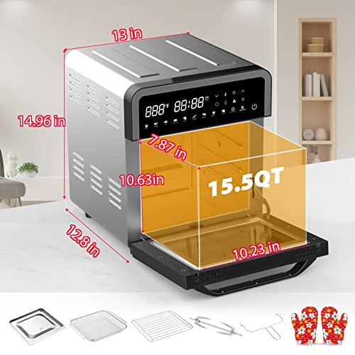 Aonbor Air Fryer Toaster Oven, 15.5 Quart Stainless Steel Convection Oven with One-Touch Control, 10-In-1 Countertop Combo, Dehydrator, Toast, Pizza, Rotisserie