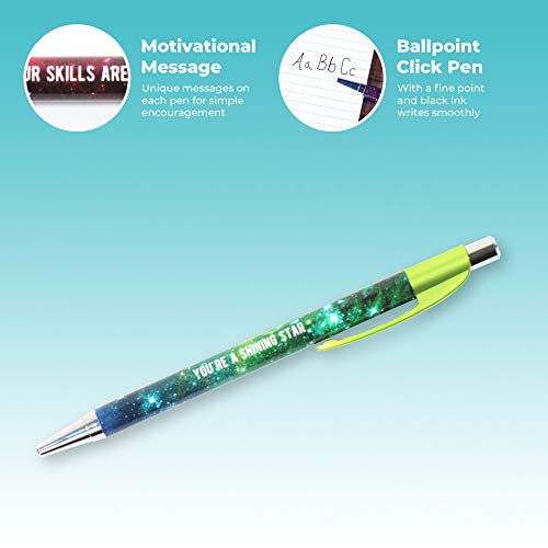 Retractable Galaxy Click Pens-5 pack- Motivational Quotes- Black Ink Fine Point 0.5mm, Assorted Designs for School Office Home New Hire Onboarding Employee Gifts by Cheersville