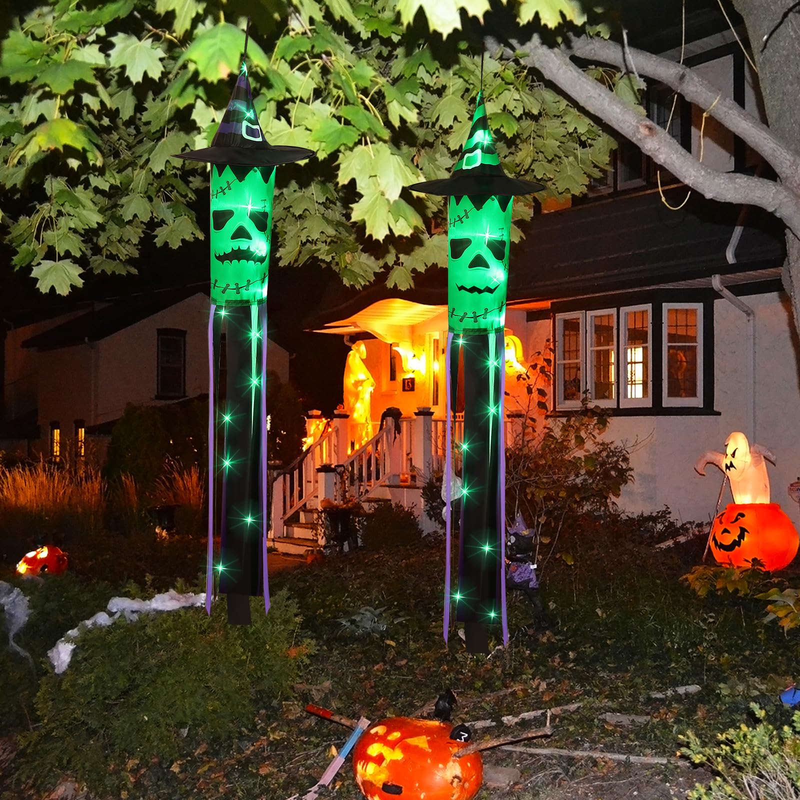 2 Pack Halloween Windsock Flag Halloween Outdoor Decorations with LED Lights Hanging Glowing Witch Hat Windsock Flag Ghost Spooky Wind Socks for Trees Yard Front Door Decor (Green Ghost)