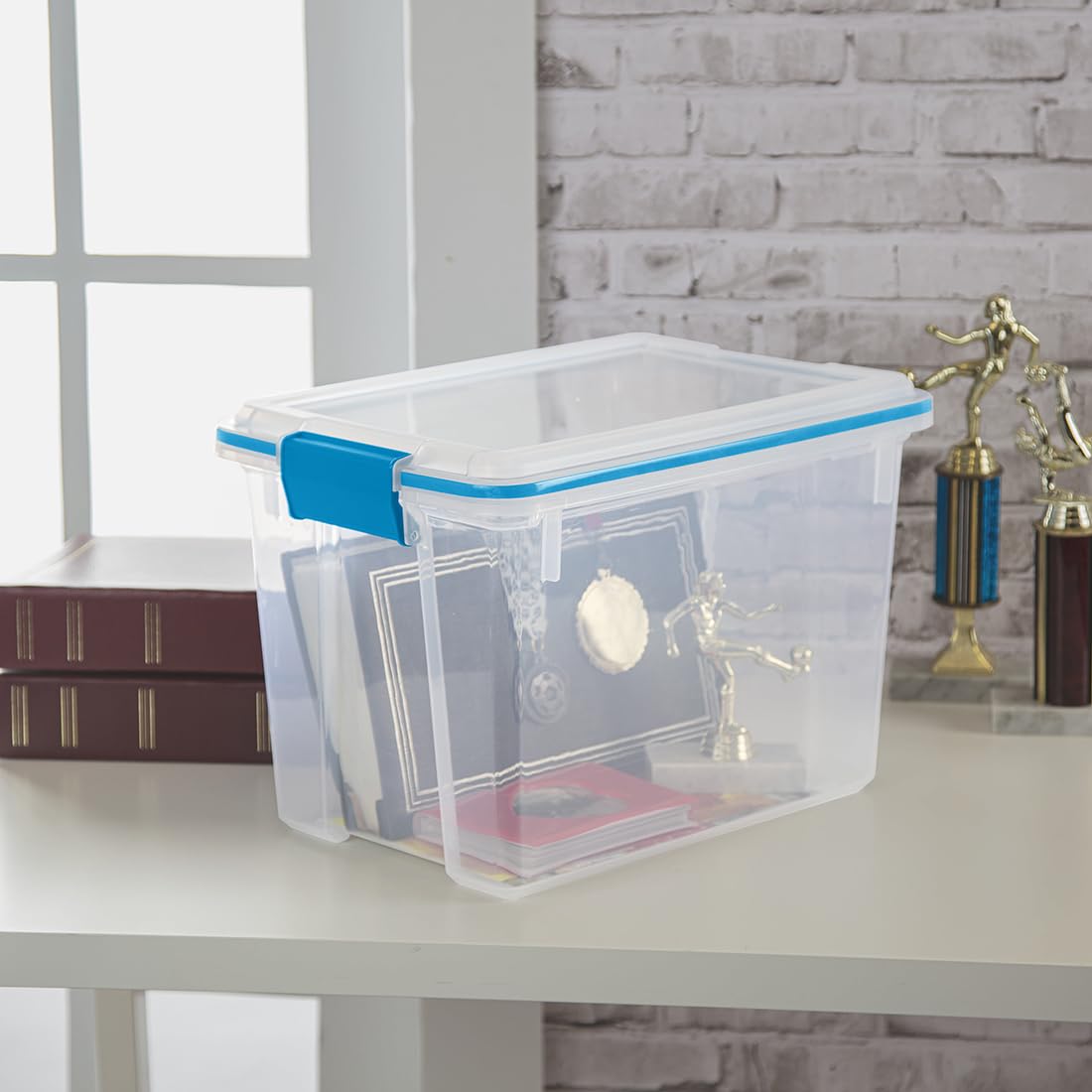20 Qt. Gasket Box, Plastic Lidded Home Storage Bins, Stackable Storage Container Bin Box Tote with Blue Latching Lid Organizing Solution for Home & Classroom, Set of 6