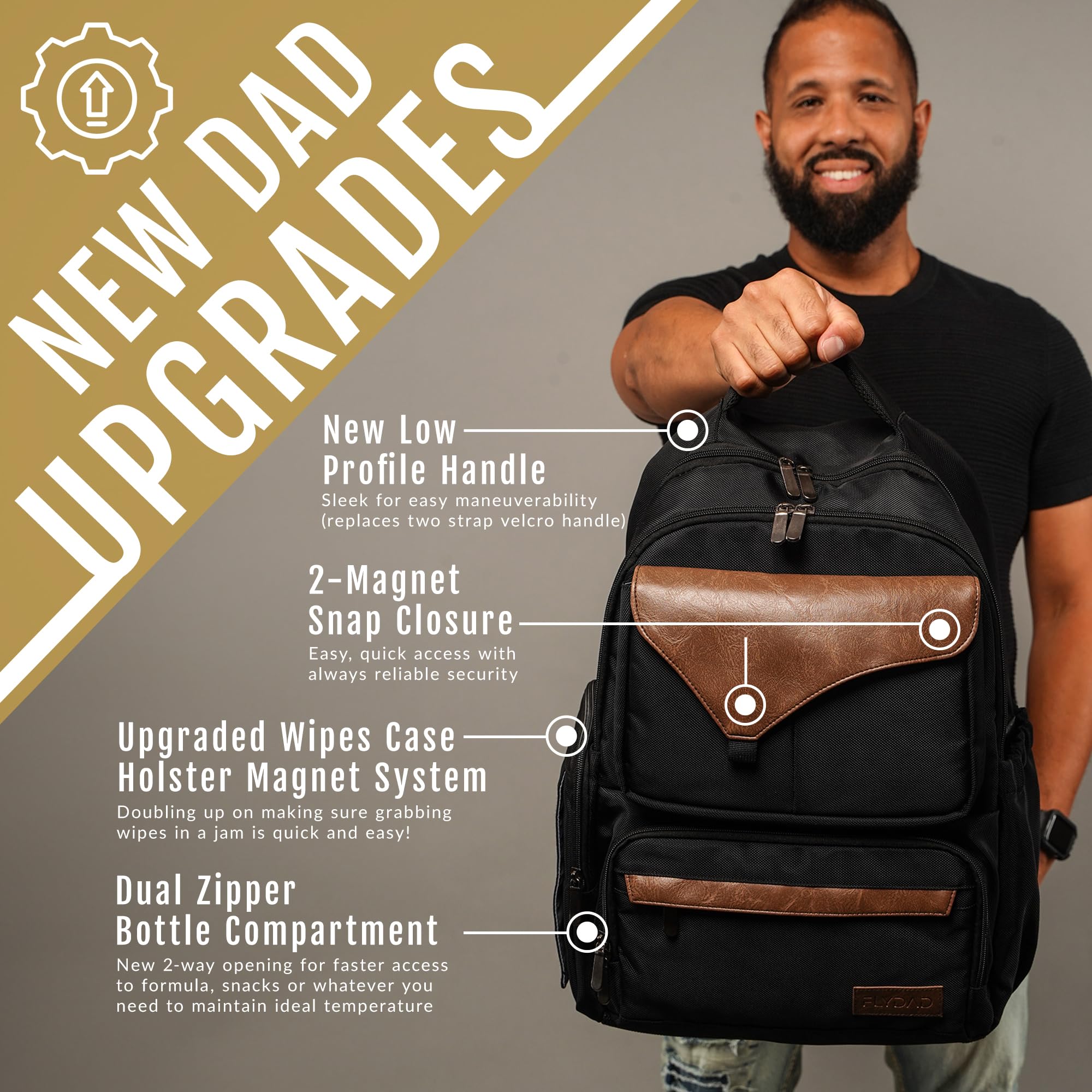 FlyDad - FirstBorn Men's Diaper Backpack, Stylish Diaper Backpack, Dad Diaper Bag, Mens Diaper Bag w/ 21 Compartments, Changing Mat, & Insulated Milk Pockets for Bottles (4oz), Brown Leather Accents