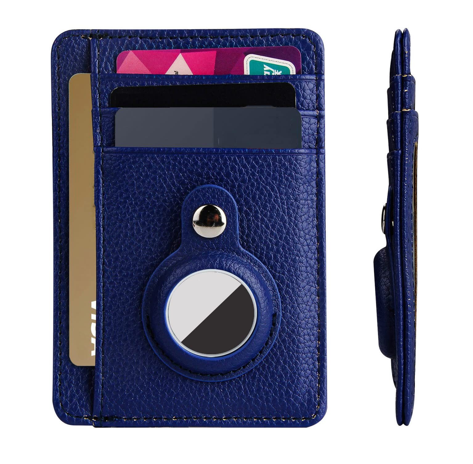 Airtag Wallet Slim Minimalist Front Pocket RFID Blocking Leather Wallet with Integrated Case Holder for AirTag-Blue