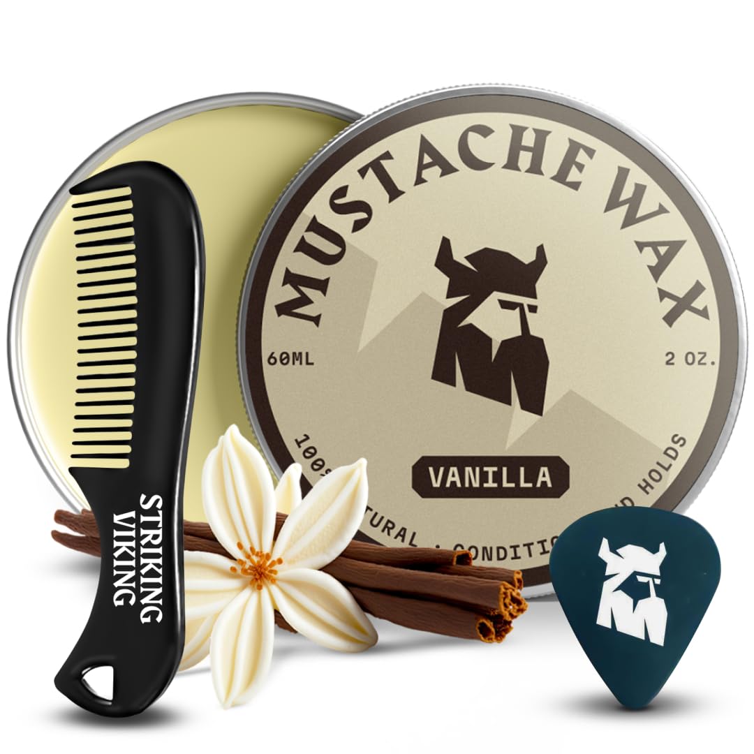 Striking Viking Mustache Wax & Comb Kit - Beard Care for Men with Strong Hold Beeswax- Helps Tame, Style & Groom - Vanilla Scent, 2 Ounce Size - Mens Mustache Grooming Wax