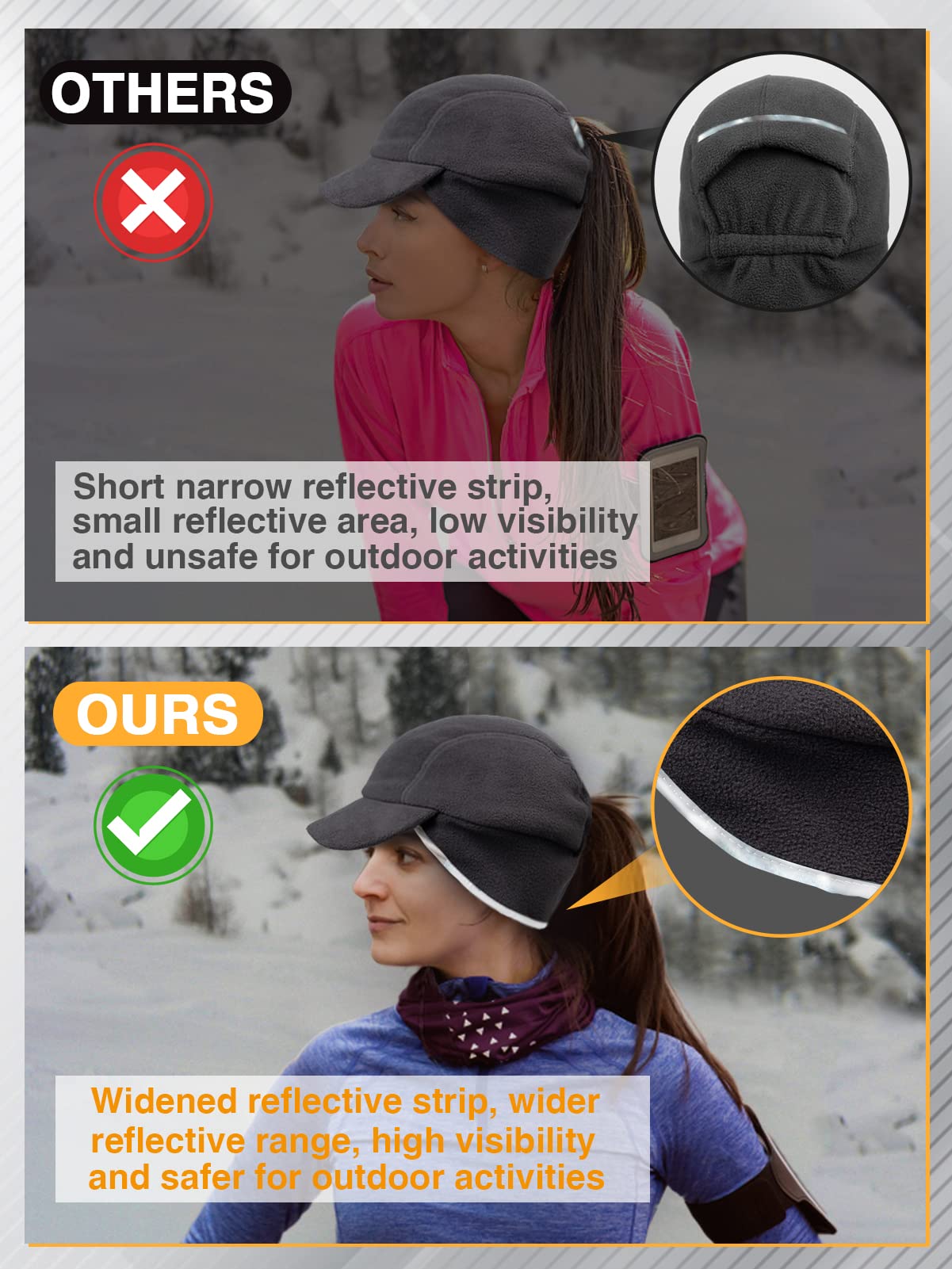 2 PCS Fleece Ponytail Hat, Reflective Women Winter Hats with Drop Down Ear Warmer, Soft Elastic Warm Caps for Outdoor Running Walking Yoga (Dark Grey + Black)