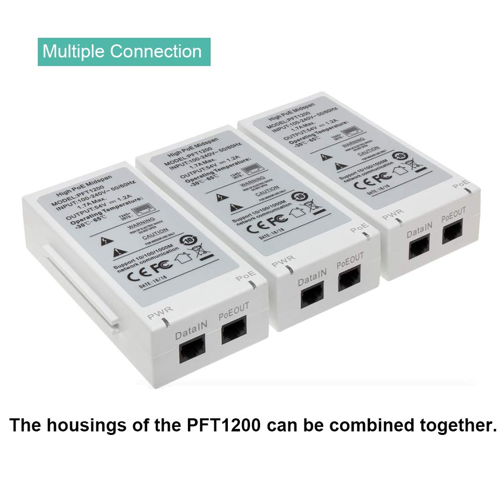 PFT1200 60W Gigabit Ultra POE Injector Single Port Hi-POE Midspan 802.3at/af, 10/100/1000Mbps, POE+ Injector for High Power Consumption PTZ Camera and Cascade Deployment with POE Extender