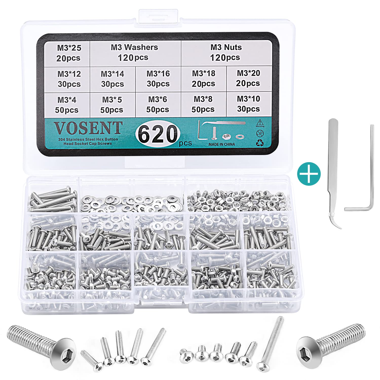 620Pcs M3 Hex Socket Head Cap Bolts Screws and Nuts Assortment Kit,304 Stainless Steel Screws and Nuts