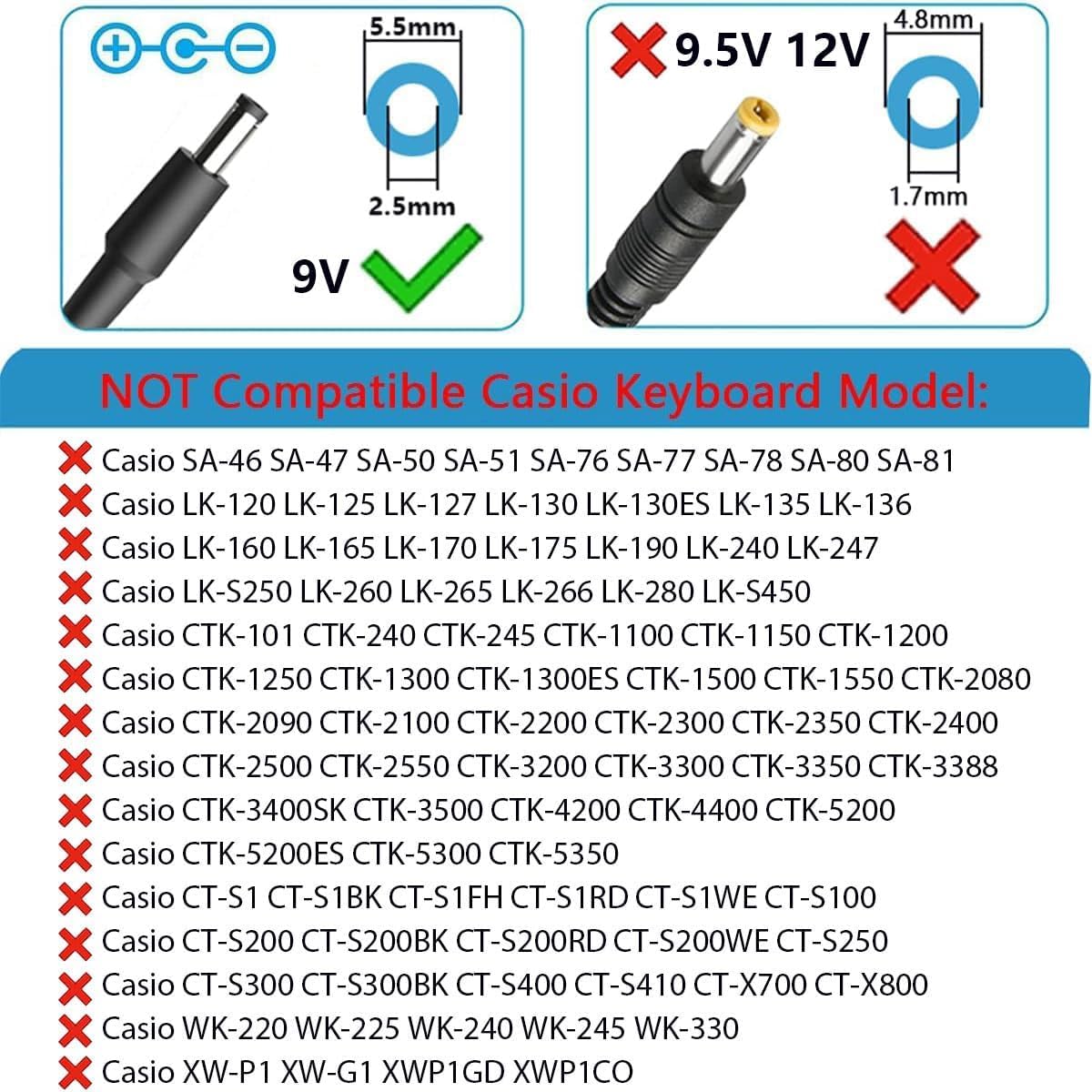 DC 9V Power Adapter for Casio Keyboard WK-110 WK-200 WK-210 CTK-720 CTK-710