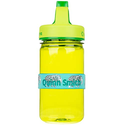 Custom Bottle Labels - 3 Pack - Silicone Bands for Baby Bottles, Kids Tumblers, and Water Flasks - Personalized Pre-Printed Name, Waterproof School and Daycare Drink Identifiers - Blue Elephants