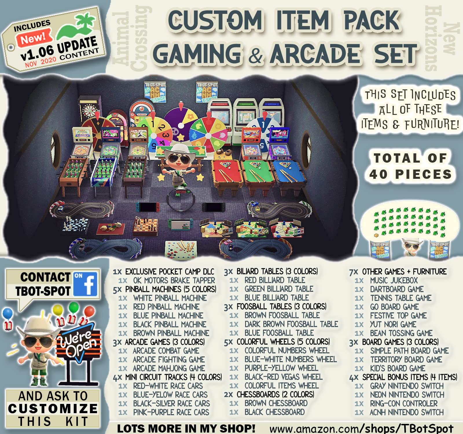 ACNH: Gaming & Arcade Item Pack | 40 Items | Pinball - Billiards - Foosball - Board Games | Includes 1.6 Update Content