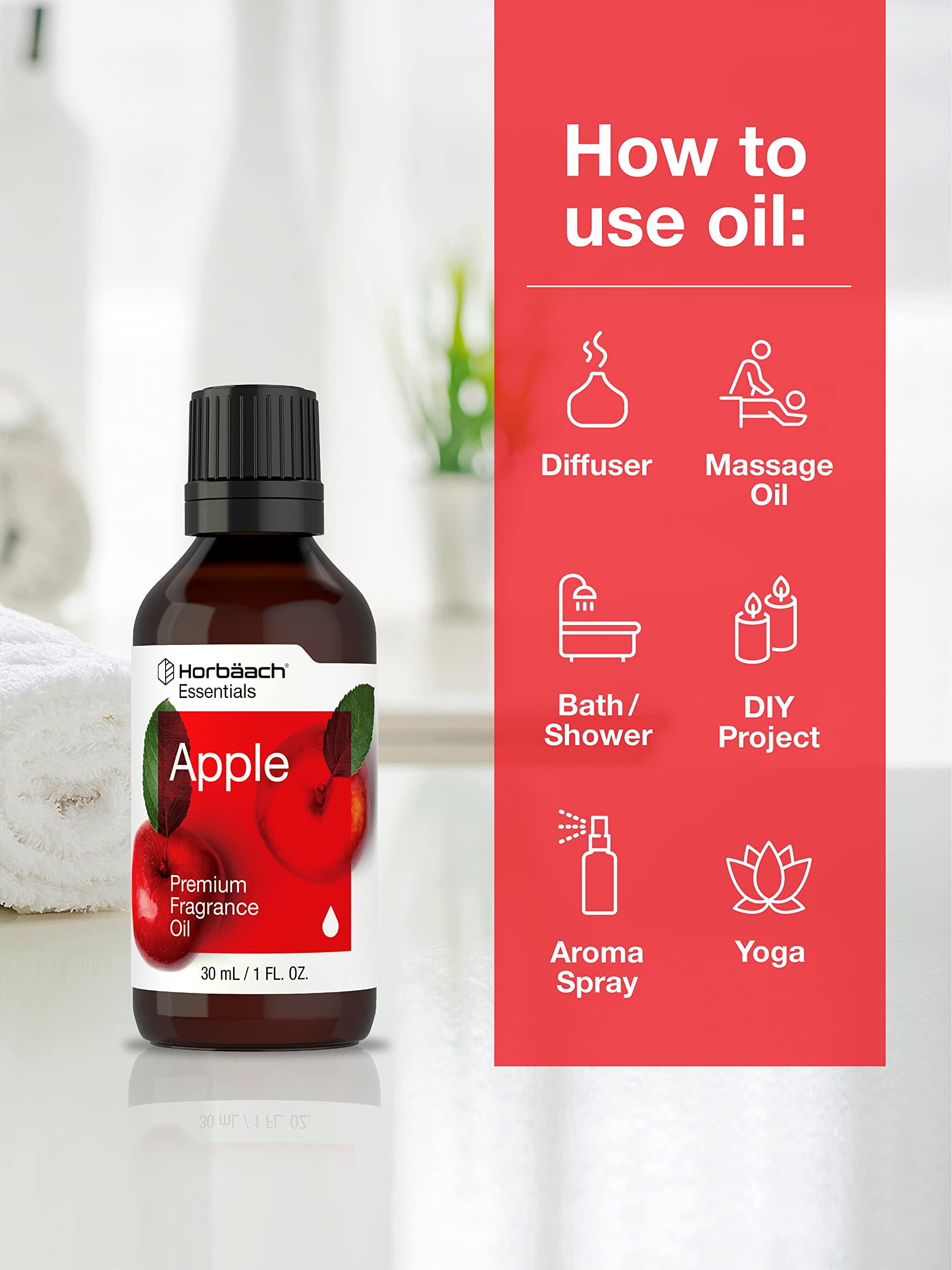 Horbäach Apple Fragrance Oil | 1 Fl Oz (30ml) | Premium Grade | for Diffusers, Candle and Soap Making, DIY Projects & More
