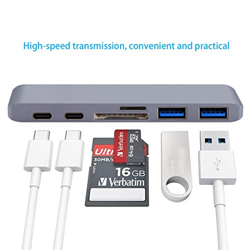 Leya-US Spare Part 6 in 1 Multi-Function Aluminium Alloy 5Gbps Transfer Rate Dual USB-C/Type-C HUB Adapter with 2 USB 3.0 Ports & 2 USB-C/Type-C Ports & SD Card Slot & TF Card Slot Compatible for