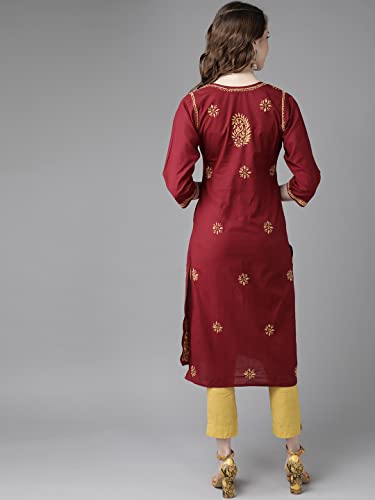 Ada Hand Embroidered Indian Traditional Chikan Women's Cotton Kurti Kurta Tunic Dress A188266 (XL, Maroon)