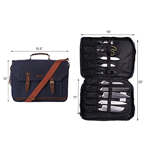 Chef Messenger Knife Bag | Waxed Canvas Chef Knife Bag | Waterproof Material | Chefs Case with 24+ Pockets for Knives & Utensils | Culinary Gifts For Chefs & Students | Sturdy Travel Chef Bag (Blue)