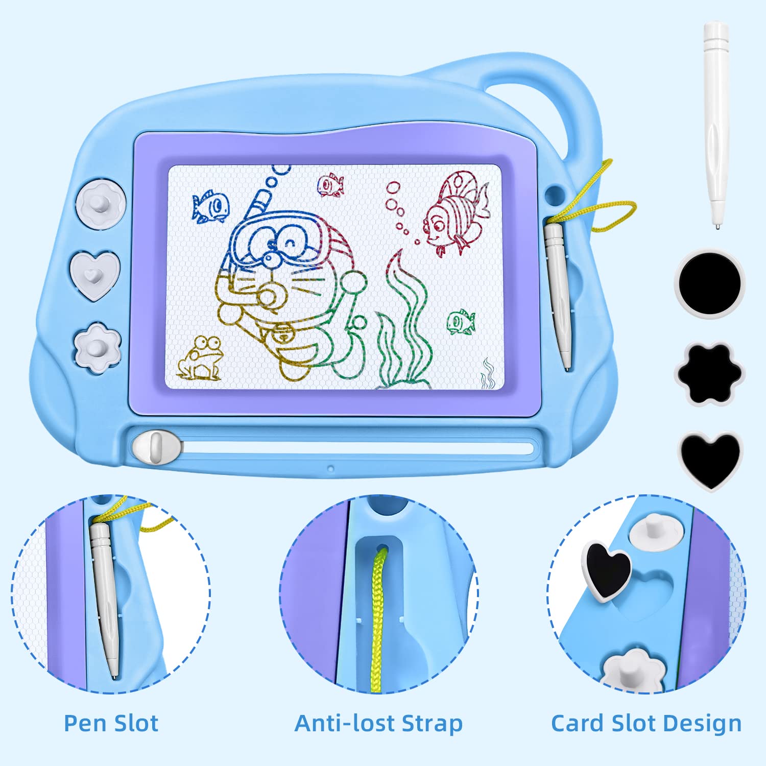 AiTuiTui Magnetic Drawing Board Mini Travel Doodle, Erasable Writing Sketch Colorful Pad Area Educational Learning Toy for Kid/Toddlers/Babies with 3 Stamps and 1 Pen (Sky Blue)