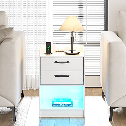 4 EVER WINNER Nightstand Set of 2 LED Light Nightstand with Charging Station, End Table with 2 Drawers for Bedroom, Bedside Table with Power Outlets & USB Ports, White