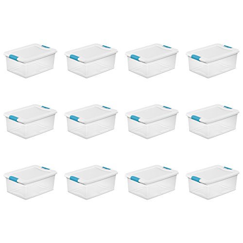 Sterilite 15 Qt./14 L Latching Box Clears, Quart, White, 12 Piece & 19638606 Large Clip Box, Clear with Blue Aquarium Latches, 6-Pack