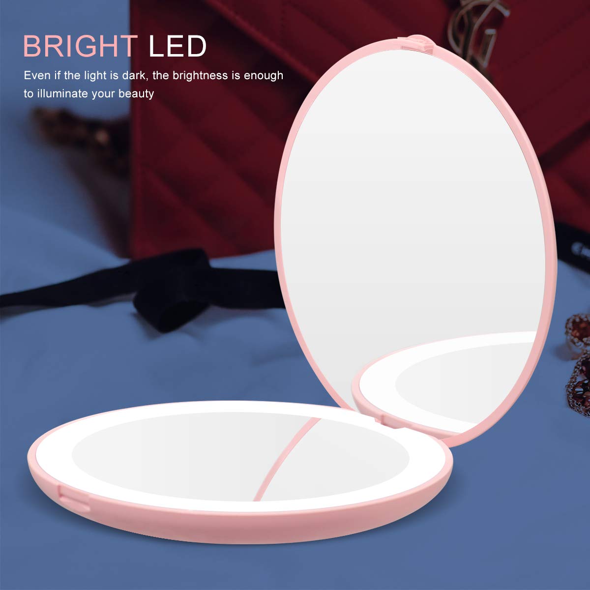 LIANGDU Lighted Compact Mirror with Magnification, 10x Magnifying LED Mini Mirror with Light for Travel and Purse, Pocket Makeup Mirror 3.5 inch Portable Folding Mirror, Women Birthday Gift