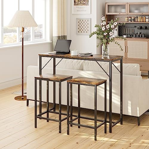 AEPOALUA Dining Table Set, 47.2β Rectangular Bar Table and Chairs Set, 3 Piece Kitchen Breakfast Table with 2 Stools, Pub Table and Chairs Set of 2 for Dining Room, Living Room, Rustic Brown/Black