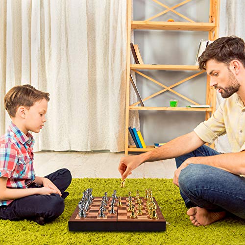 Agirlgle Metal Chess Set for Adults and Kids β Deluxe Chess Board with Chess Pieces β Travel Wooden Chess Set with Metal Pieces β Folding Chessboard β Ideal for Beginners and Professional Players