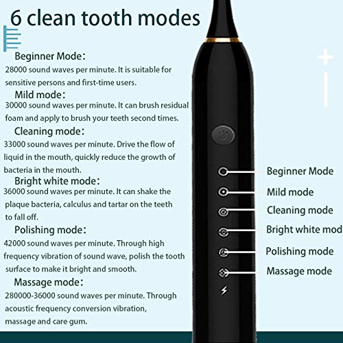 Sonic Electric Toothbrush Rechargeable Ideal for Adults Children, 6 Optional Modes IPX7 USB Fast Charging Electric Ultrasonic Toothbrush with 2 min Build in Timer & 4 Replacement Brush Heads(Black)