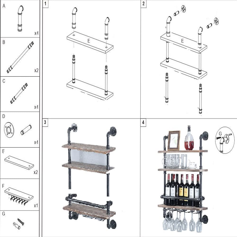 36"Wall Mounted Wine Rack with Shelf &Bottle Glass Holder,Hanging Industrial Pipe Shelves Floating Bar Shelves Rustic Wood Wine Shelf Wall Shelf Storage Unit Shelving Farmhouse Wine Glass Rack