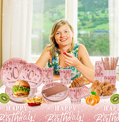 30th birthday decorations for women her - (Total 121pcs) rose gold Birthday supplies Plates and Napkins, Cups, Straws, tablecloth, Disposable Tableware for 24 Guests