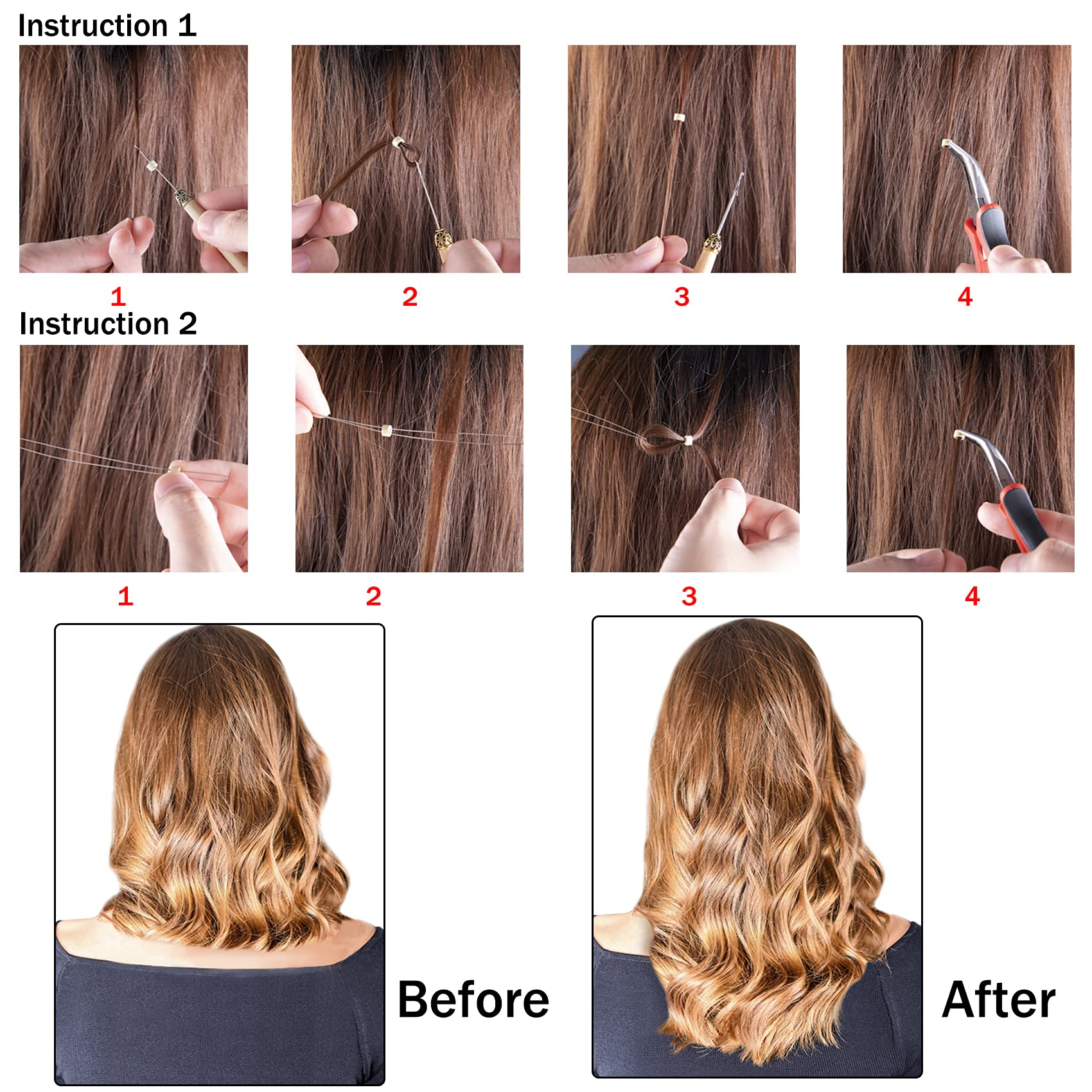 Duufin Hair Extensions Kit 500 Pcs Brown Micro Ring Beads 1 Micro Beads Plier 2 Hook Needle Pulling Loop 4 Plastic Alligator Hair Clips 1 Comb and 2 Bags Black Mini Rubber Hair Elastic