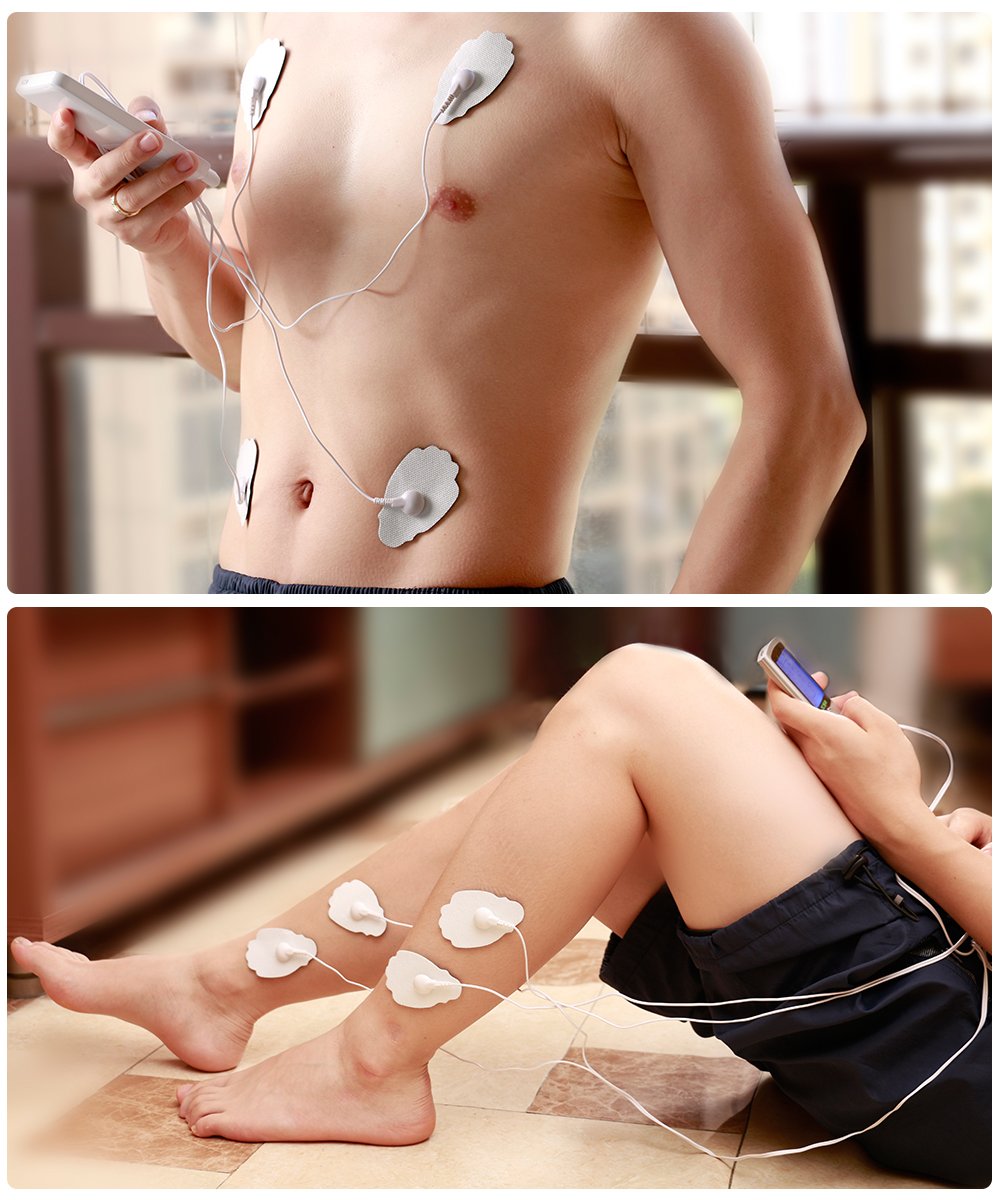 Belifu TENS Unit Electrode Pads Reusable Self-Adhesive Replacement Massage Pads Latex Free, Standard Connection Snap on 3.5mm Cable for Tens EMS Massager