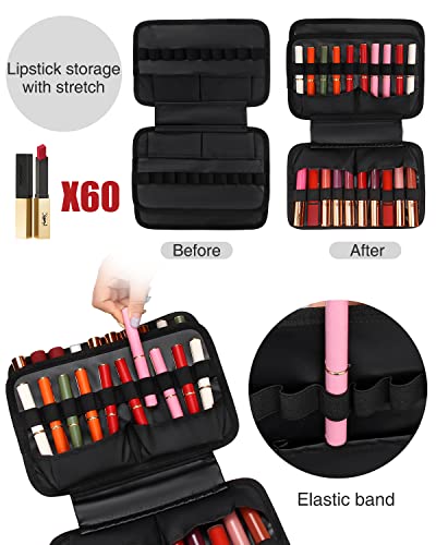 Chomeiu Lipstick Organizer, Lip Gloss Holder Detachable 60 Slots 3 Layer Lipstick Storage Case for Makeup Artists Travel Portable Cosmetic Bag Large Capacity with Waterproof PU Leather and Lining