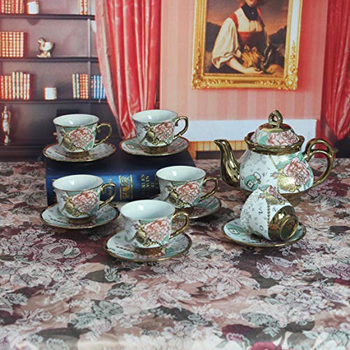 DaGiBayCn 20 Piece European Ceramic Tea Set Coffee set Porcelain Tea SetWith Metal Holder,flower tea set Red Rose Painting,160ML/Cup,460ML/Pot (Large version).