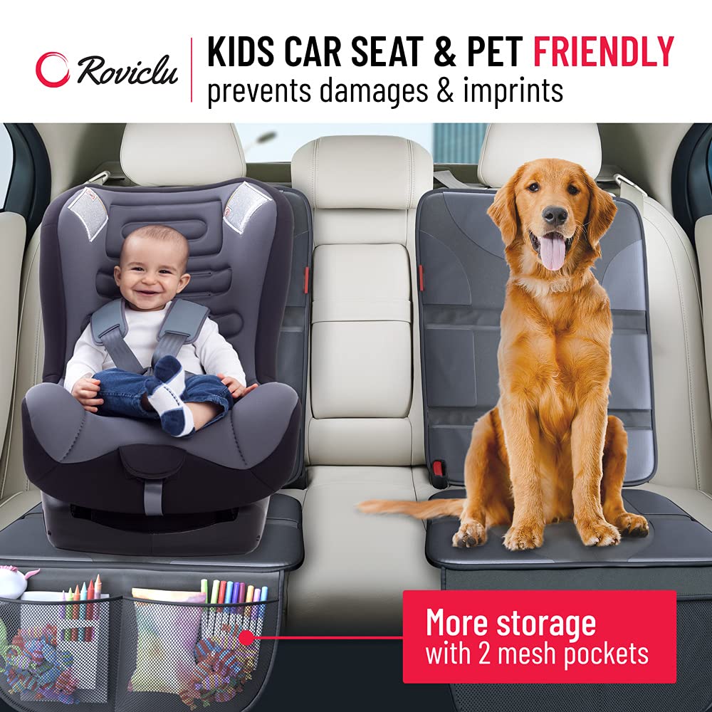 ROVICLU Car Seat Protector for Child Baby with Thickest Padding, Leather car seat Protection mat for Vehicles with Non-Slip Back Pad 8 Waterproof Layers, Mesh Storage Pockets, Universal (Black)