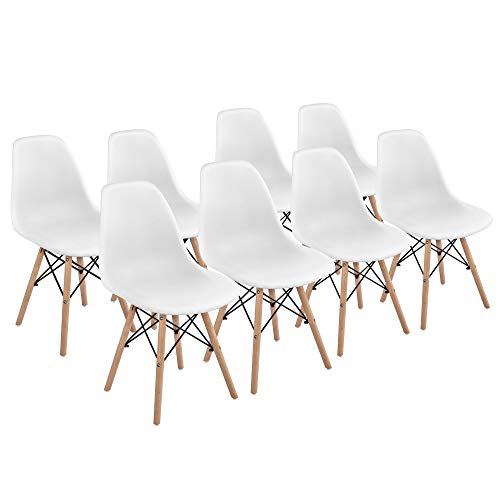 Yaheetech Dining Chairs with Beech Wood Legs and Metal Wires Modern Side Shell Eiffel DSW Chairs for Dining Room Living Room Bedroom Kitchen Lounge Reception, Set of 8, White