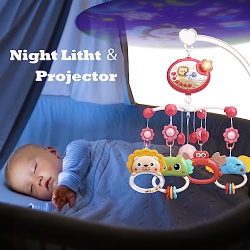 Baby Musical Crib Mobile with Light and Projector, Mobile for Crib with Remote Control & Timming Function, Rotating Hanging Rattles Toy for Newborn(Red)