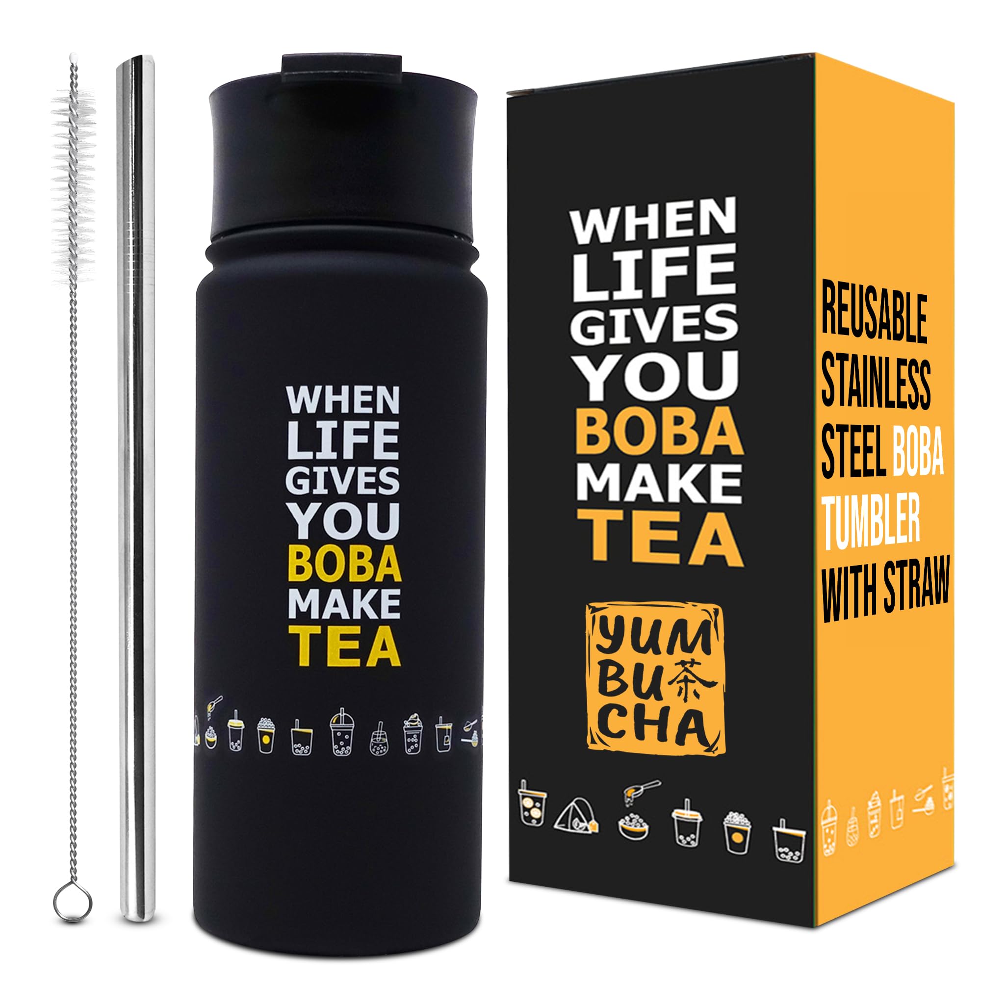 YUMBUCHA Reusable Stainless Steel Boba Tumbler with Straw - Bubble Tea Tumbler Cup for Boba Pearls or Popping Boba Pearls - Boba Kit and Tea Gifts - Durable Boba Tea Cup - Bubble Tea Kit
