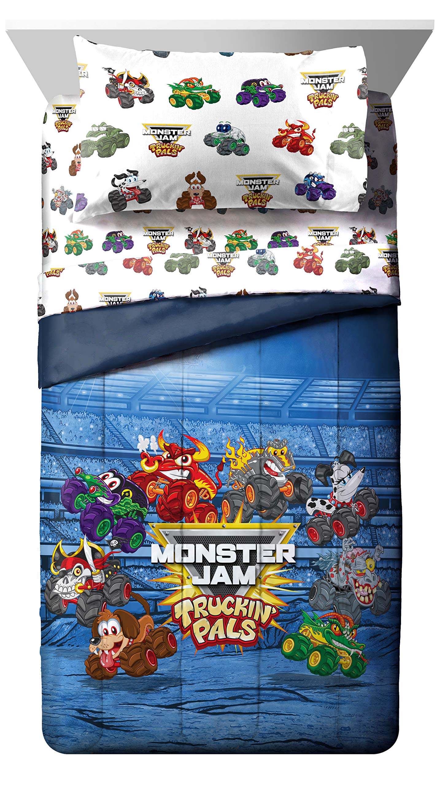 Jay Franco Monster Jam Truckin' Pals 4 Piece Toddler Bed Set - Includes Comforter & Sheet Set - Bedding Features Grave Digger & Megalodon - Super Soft Fade Resistant Microfiber