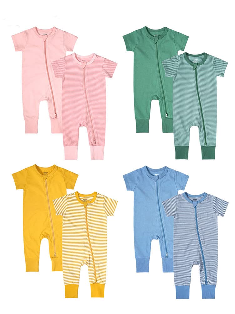 Teach Leanbh Baby Boys Girls 2-Pack Romper Jumpsuits Cotton 2 Way Zipper Short Sleeve Footless Sleep and Play 3-24 Months (Green, 12-18 Months)